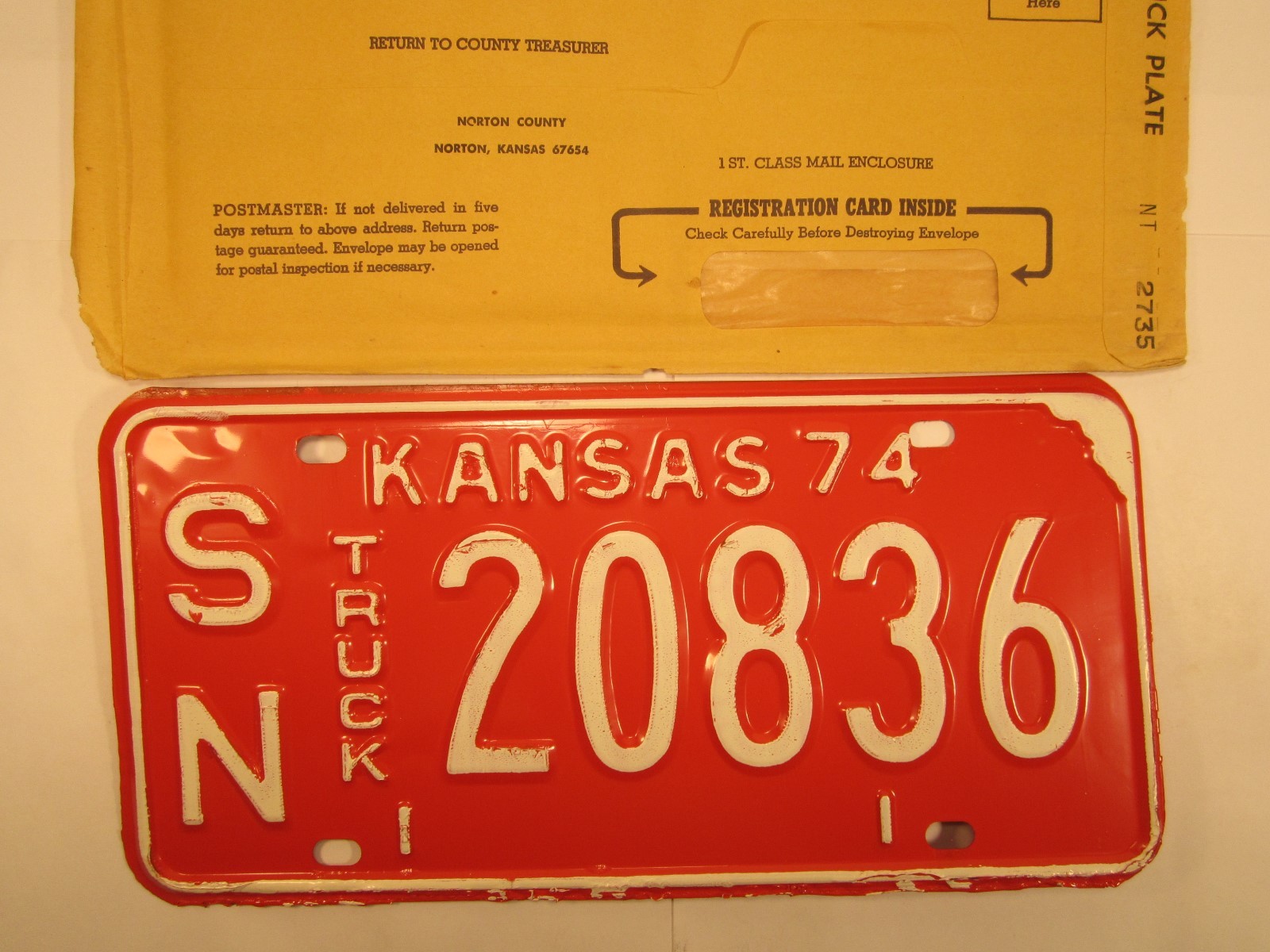 *Unused* LICENSE PLATE Truck Tag 1974 KANSAS SN 20836 Shawnee County ...
