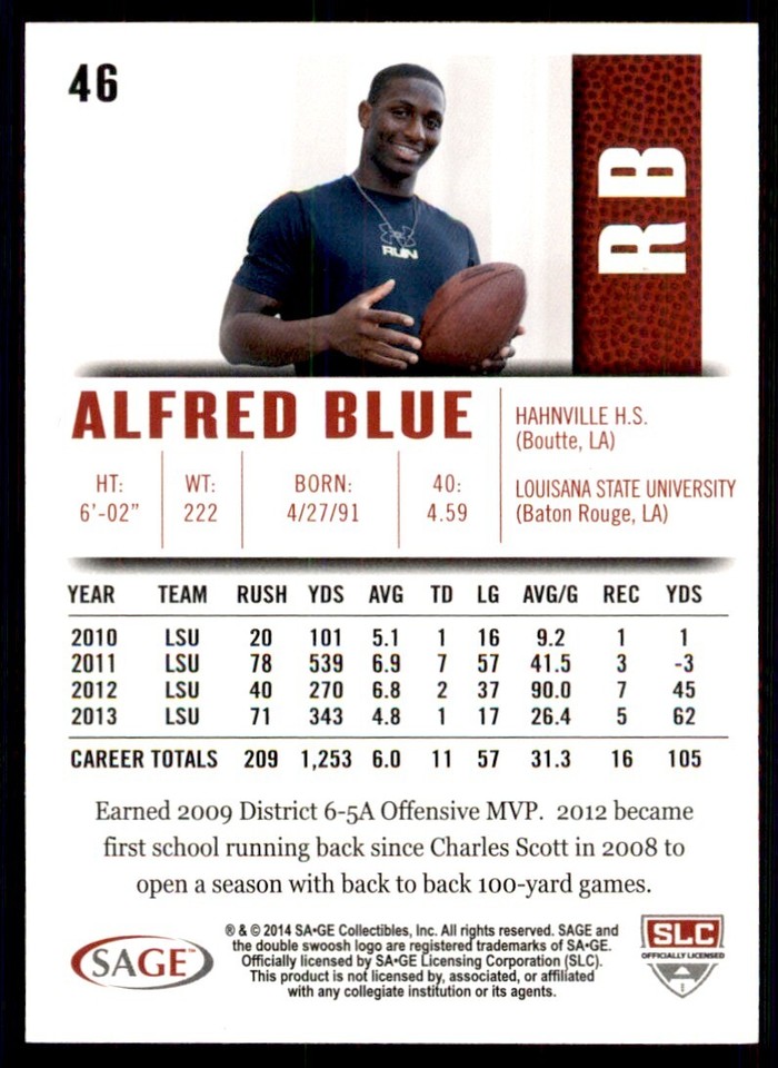 2014 SAGE HIT Alfred Blue Rookie LSU Tigers #46 NCAA Football | eBay