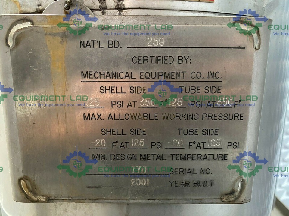 Meco Vertical Shell & Straight Tube Heat Exchanger 125 PSIG w/ SS Frame ...