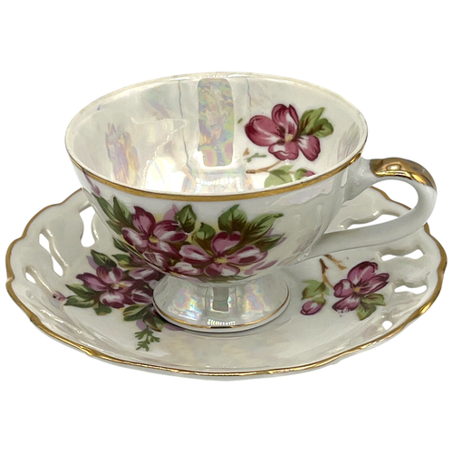 Hand Painted Relco Tea cup & Saucer Violet Floral Lattice Edge Iridescent | eBay