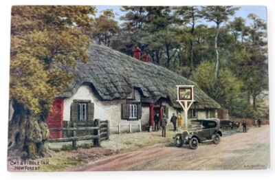Cat and The Fiddle Inn New Forest Antique Postcard A.R. Quinton Artist ...