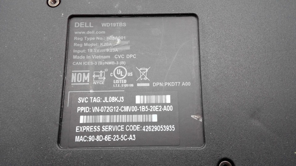 Dell WD19TBS K20A Thunderbolt USB-C Docking Station K20A001 *DOCK ONLY ...