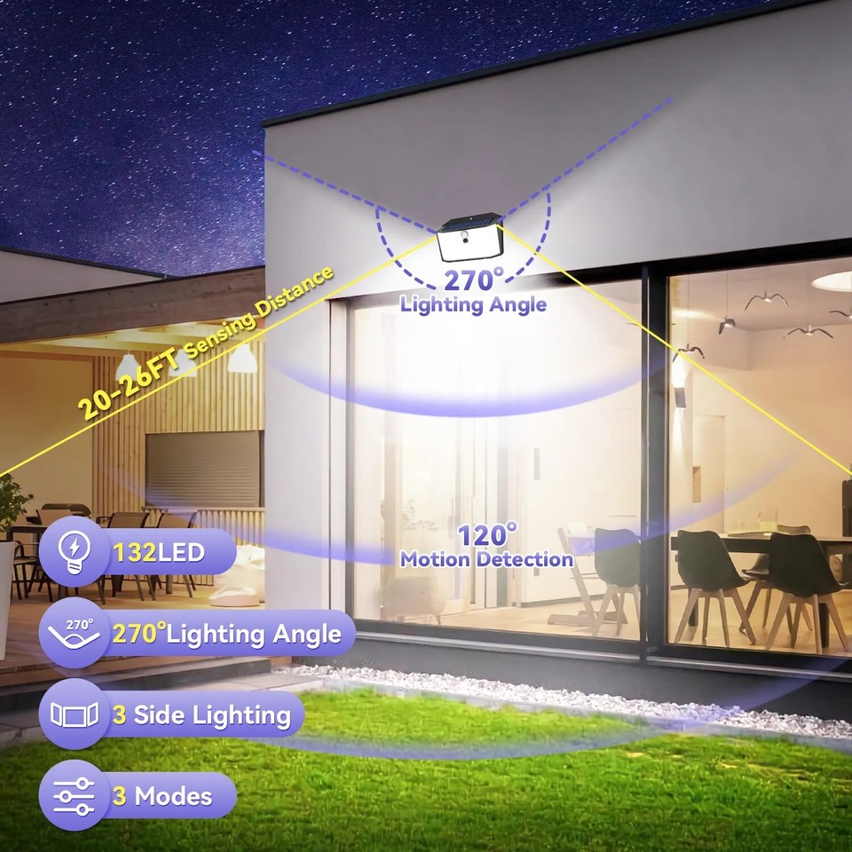 4Pack Solar Powered 132 LED Wall Lights PIR Motion Sensor Outdoor ...