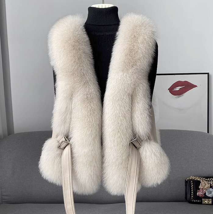 Women Real Fox Fur Vests Luxury Fluffy Gilet Leather Belt Waistcoat ...