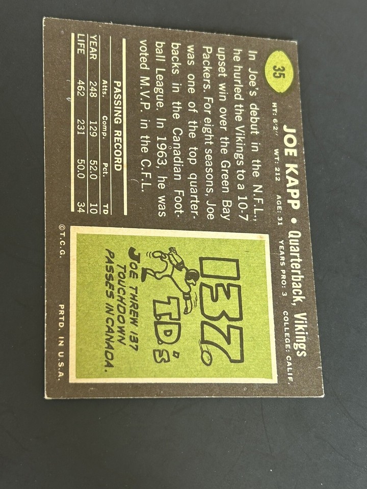 1969 Topps Football #35 Joe Kapp EX Minnesota Vikings Cal CFL HOF ...