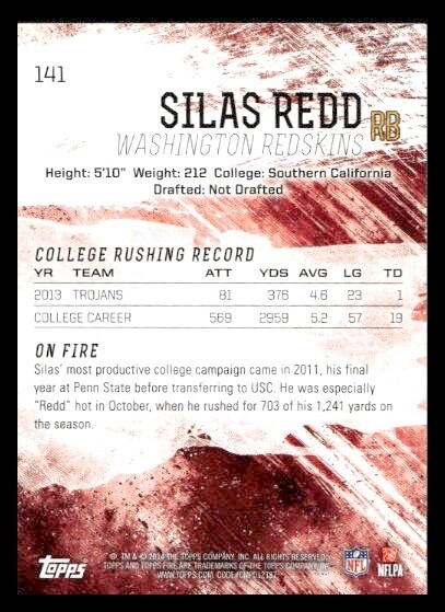 2014 Topps Fire #141 Silas Redd Rookie Washington Redskins | eBay