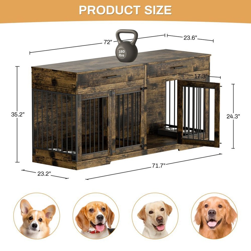 72" Large Wooden Dog Crate Furniture for 2 Dogs with 2 Storage Drawer ...