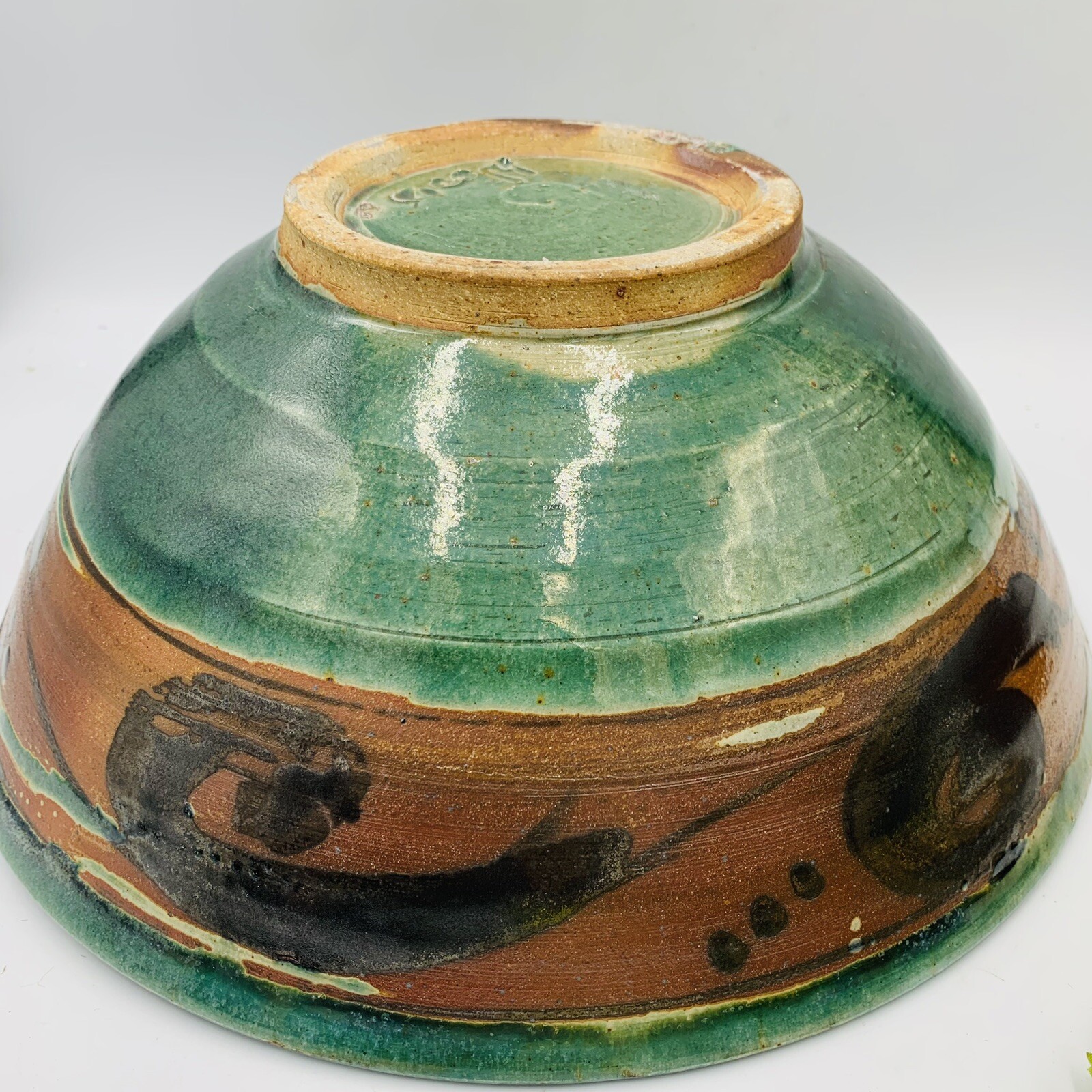 Large 12” Art Pottery Display Bowl Signed WOOD rustic Green Teal ...