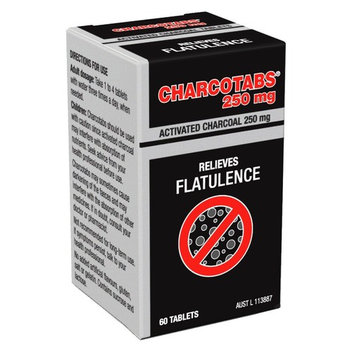 Charcotabs 250mg Activated Charcoal 60 Tablets Flatulence Gas Wind ...
