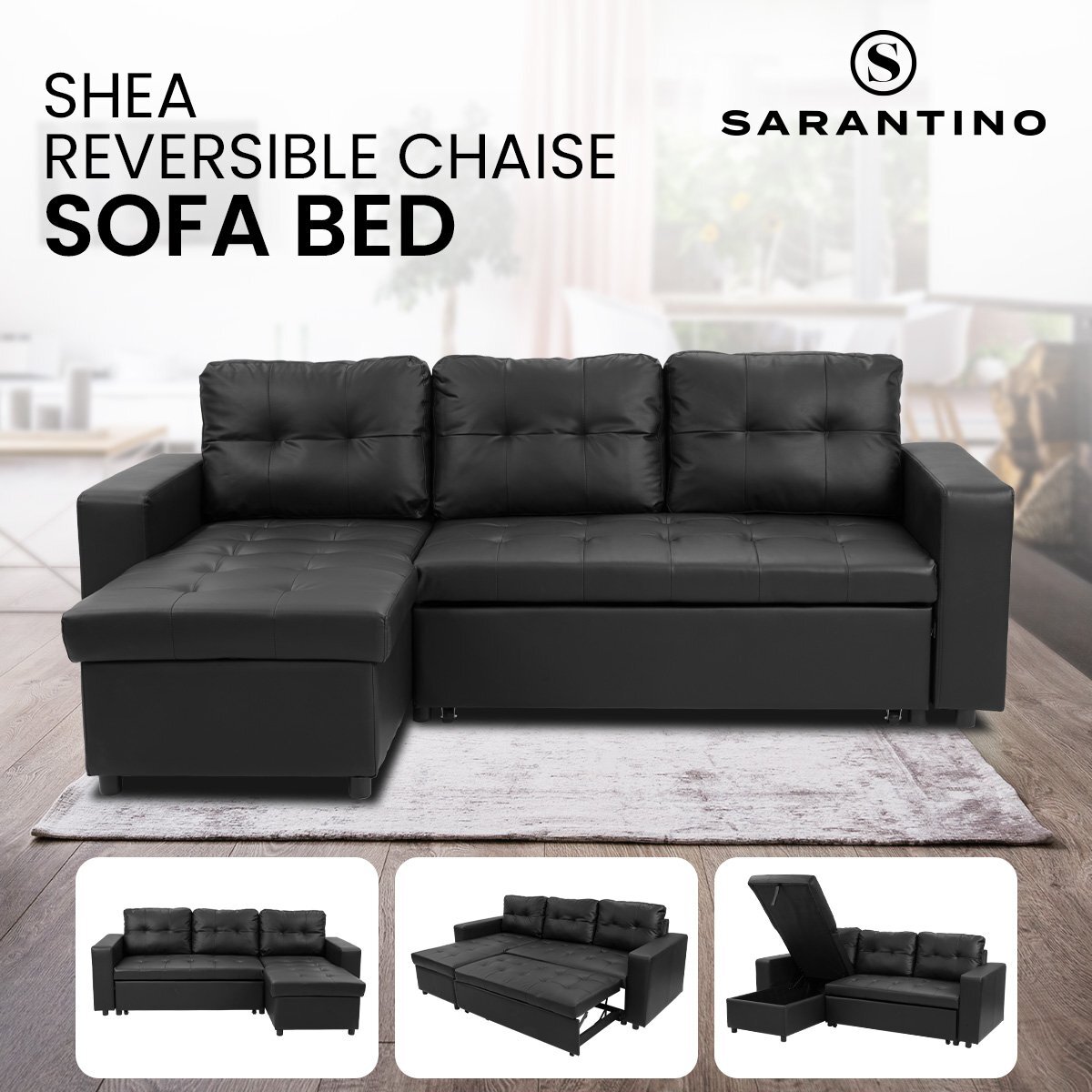 L Shaped Faux Leather Corner Sofa Bed In Black | Cabinets Matttroy