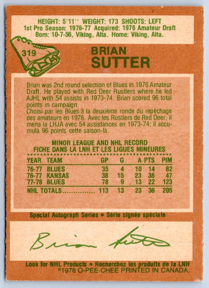 BRIAN SUTTER RC 1978-79 O-PEE-CHEE 78-79 NO 319 NRMINT+ 31706 | eBay