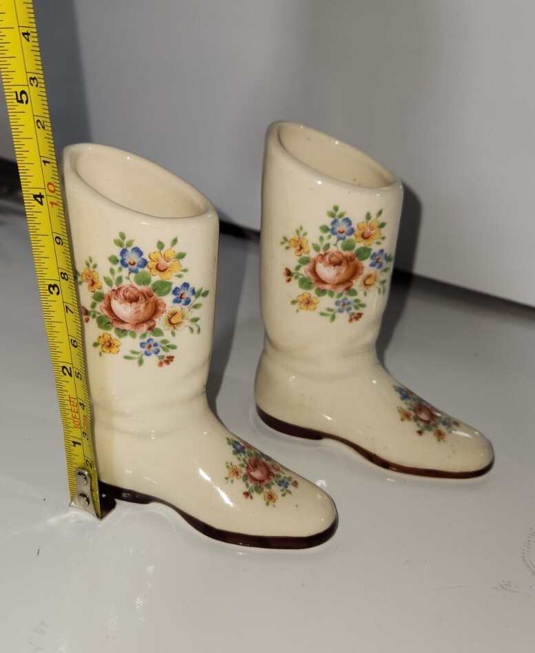 2 Vintage Boot Figurines Miniature Vases Off White Ceramic Floral ...