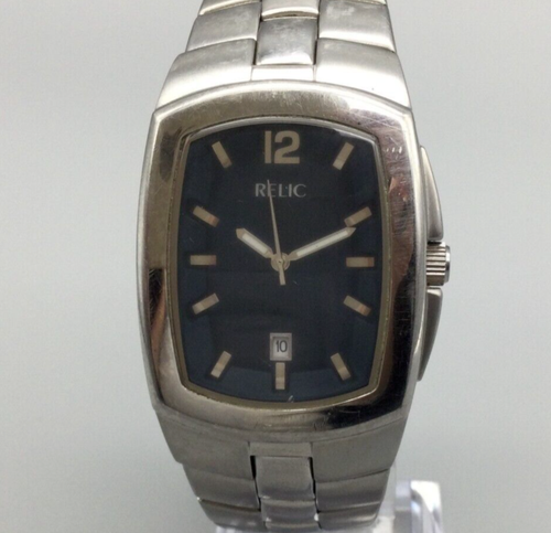 Relic Watch Men 32mm Silver Tone Rectangle Date Stainless New Battery 7 ...
