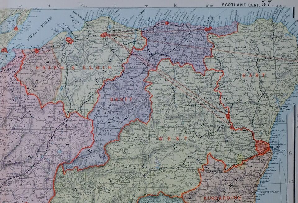 1895 MAP CENTRAL SCOTLAND FORFAR DUNDEE ABERDEEN STONEHAVEN MONTROSE ...