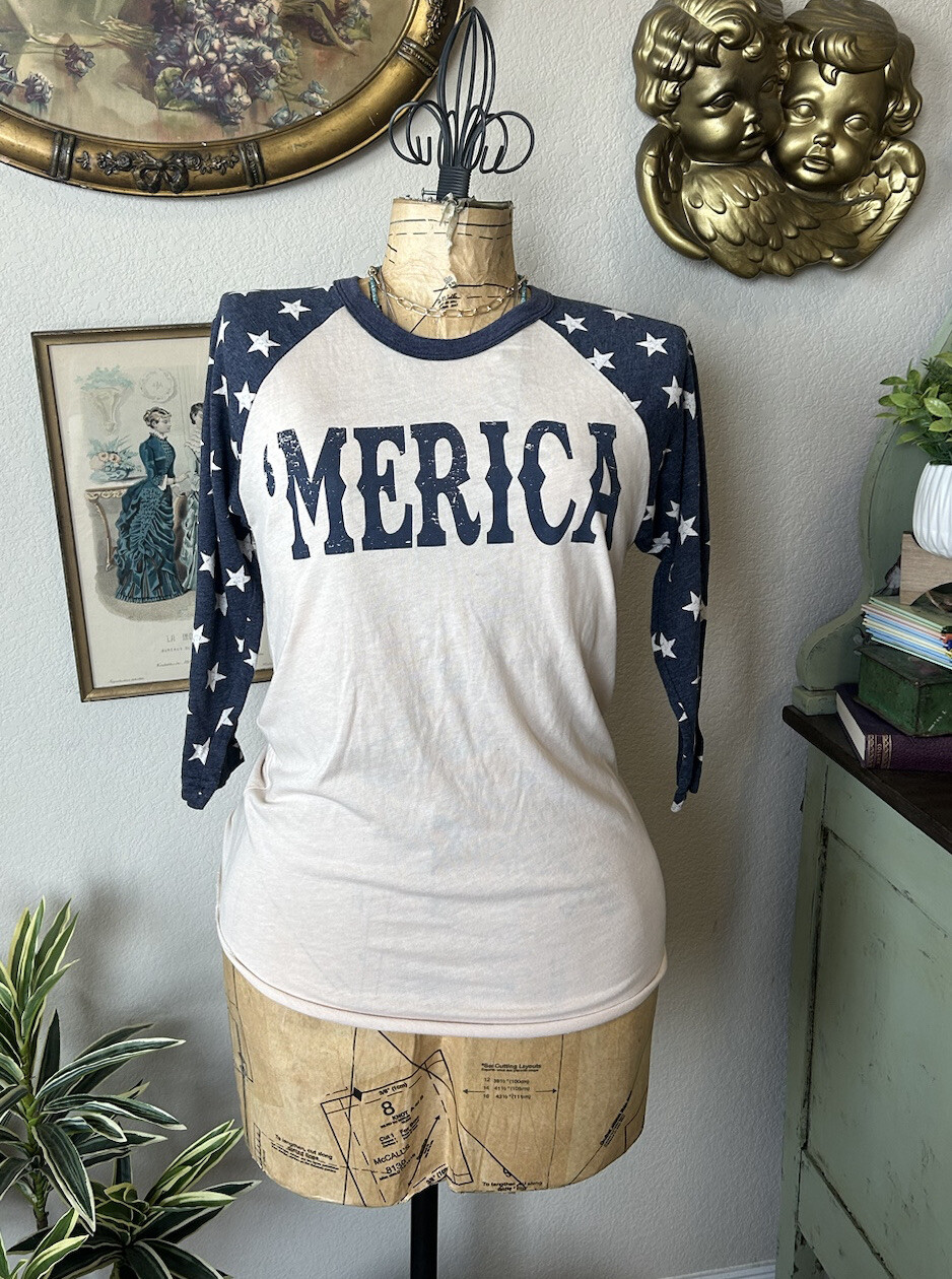 Crazy Train Cream Navy Blue Star ‘Merica America USA 3/4 Sleeve ...