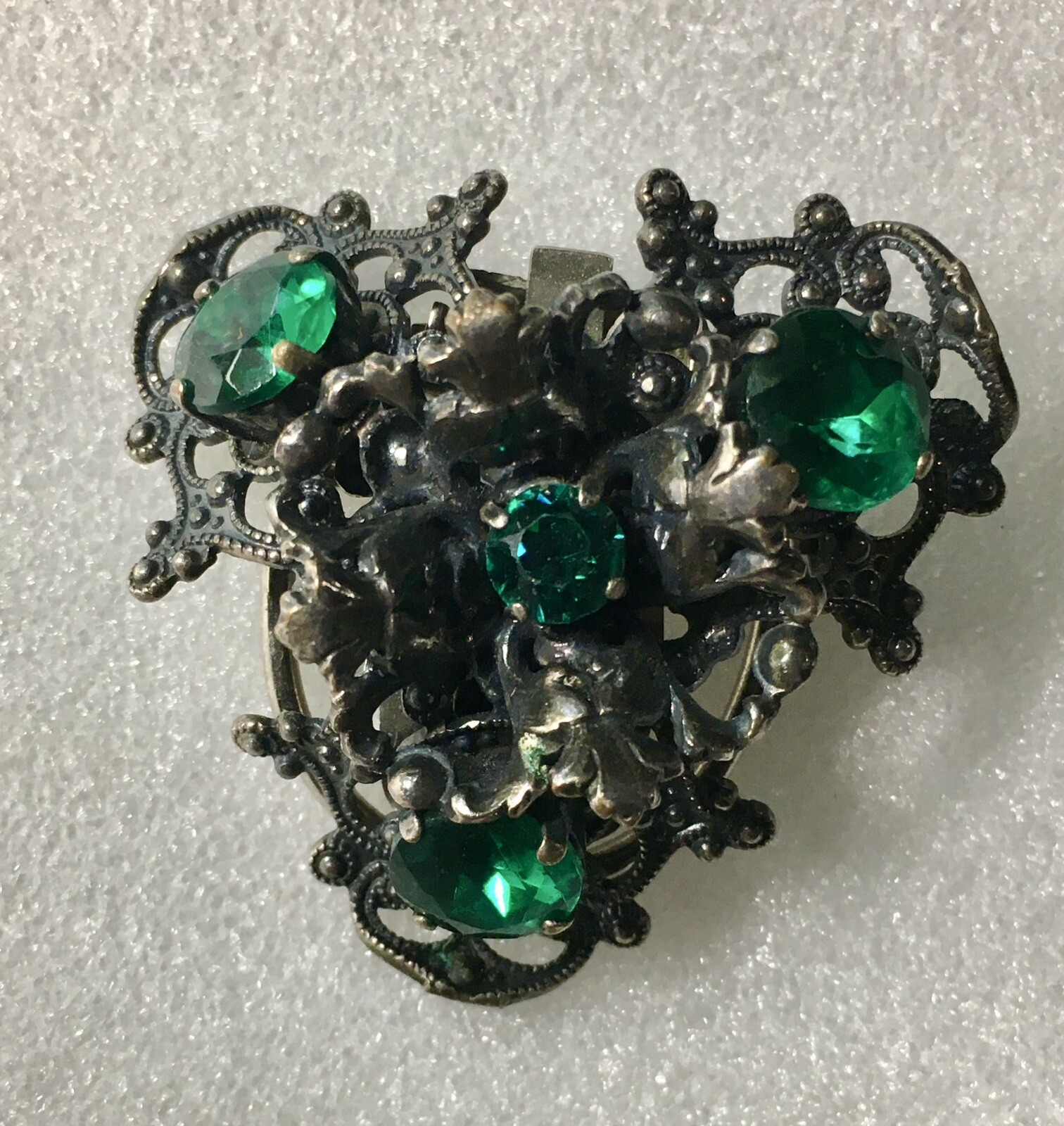 Gothic Trefoil Brooch Pin Brevete SGDG Pewter? & Emer… - Gem