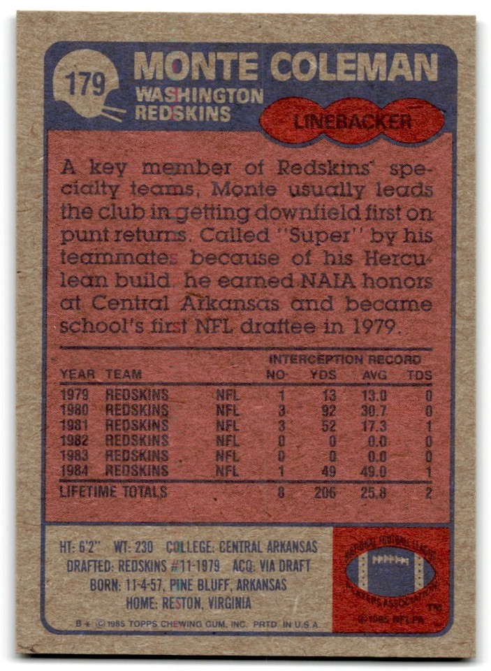 1985 Topps #179 Monte Coleman Washington Redskins Rookie | eBay