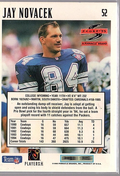 Dallas Cowboys 1995 NFL Tight End JAY NOVACEK signed Pinnacle football ...