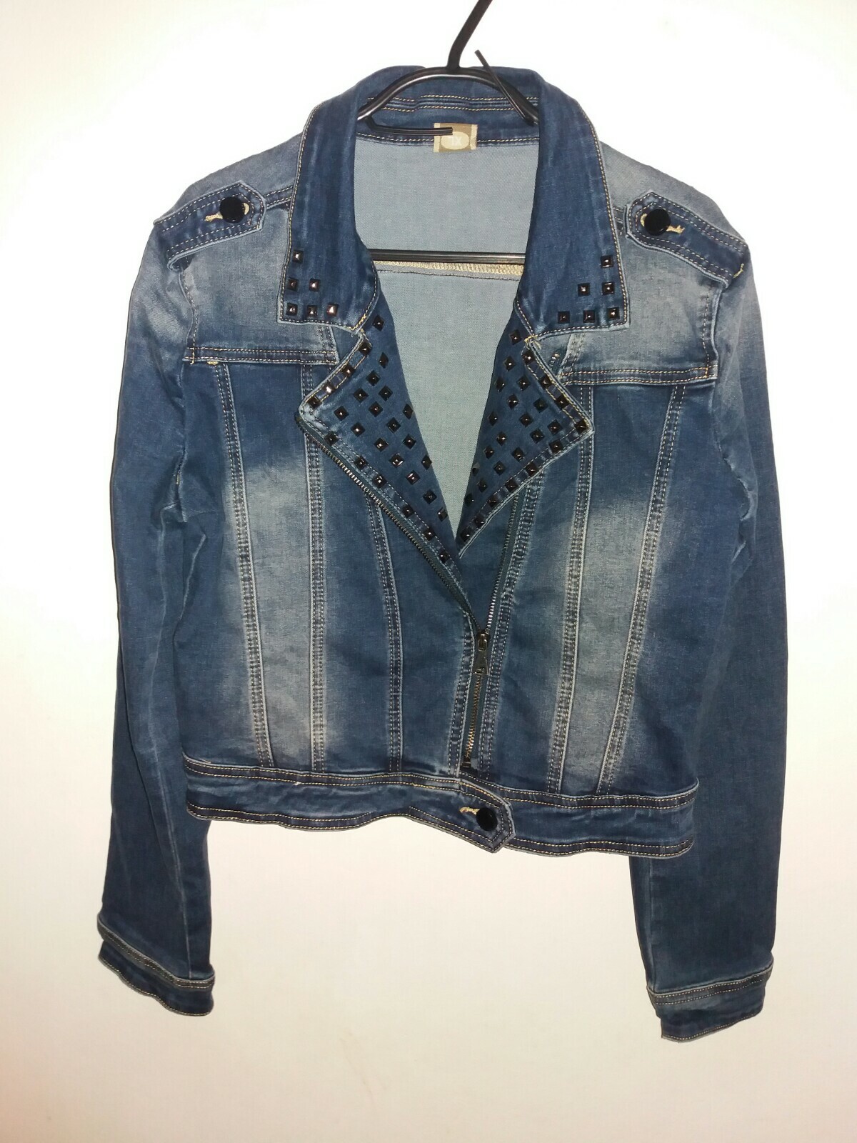 Womens zipper front denim jacket with studded spikes … - Gem