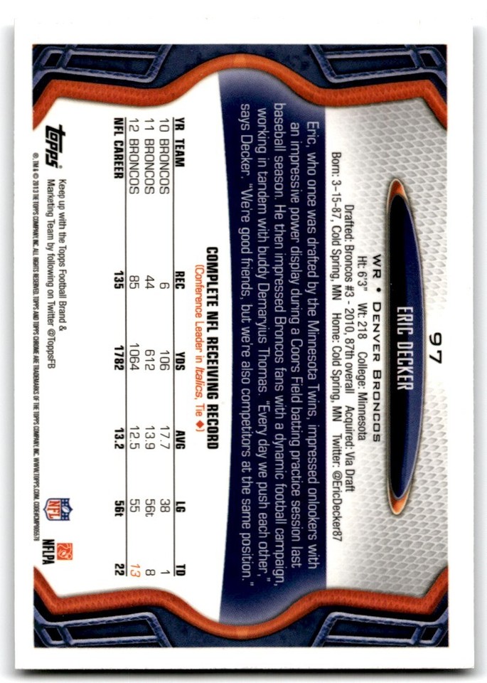 2013 Topps Chrome Eric Decker Football Cards #97 | eBay