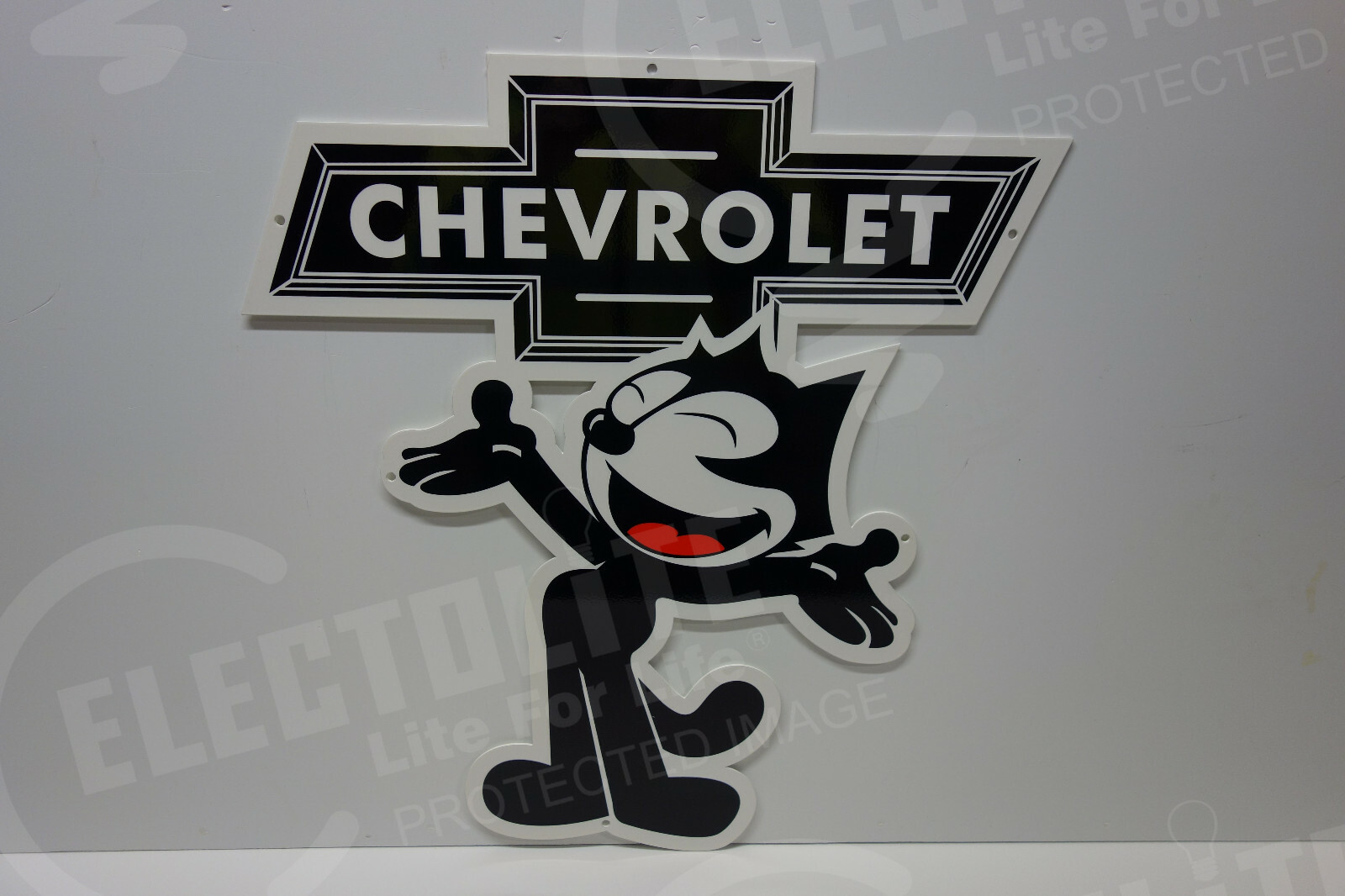 FELIX CAT CHEVROLET DIE CUT ENAMEL "HAPPY" HEAVY SIGN CHEVY BOMB LOW ...