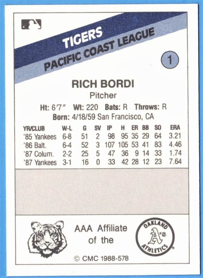 Rich Bordi 1988 CMC Tacoma Tigers # 1 (ex-mt) Oakland A's | eBay