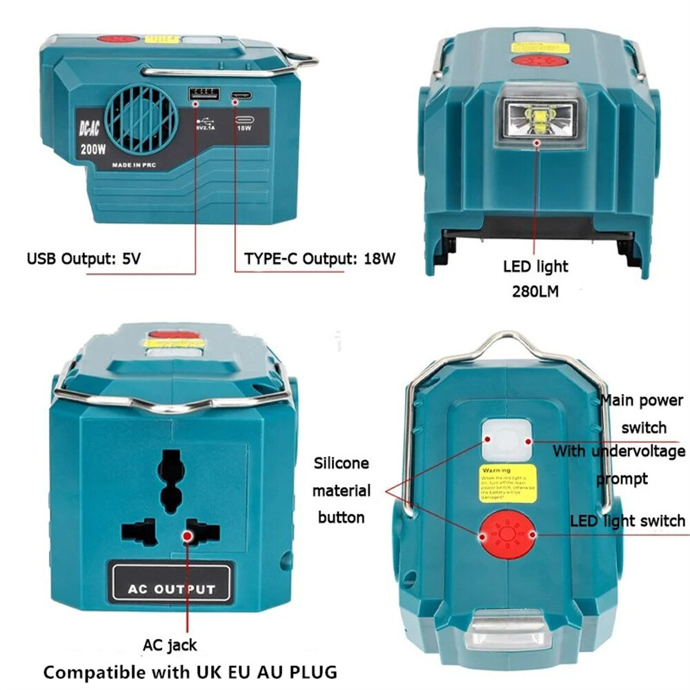 Portable Power Supply Inverter 220V-230V/AC USB + Type-C For Makita 18V ...
