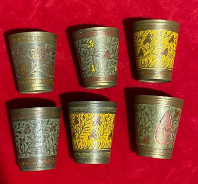 Antique Etched Brass Shot Glasses Set of 6 Made in India Floral Design ...