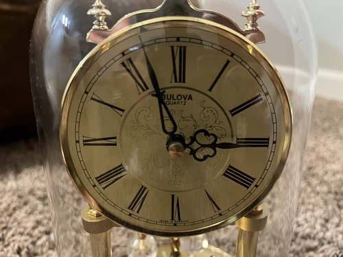 Vintage Bulova Quartz Anniversary Clock, Glass Dome, Original Swarovski ...