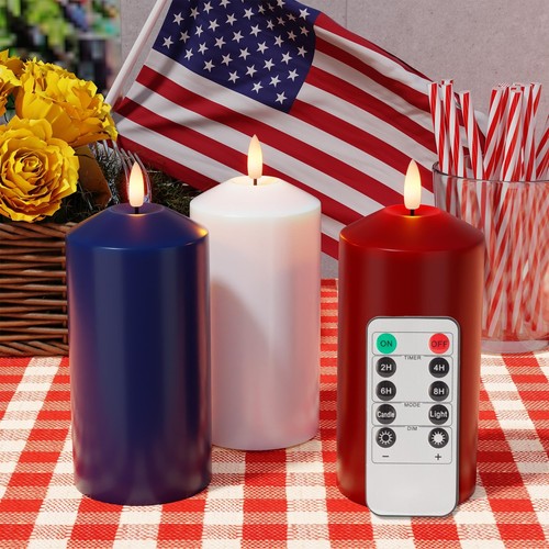 Patriotic Red White and Blue Candles, Real Wax Flameless Pillar Candles ...