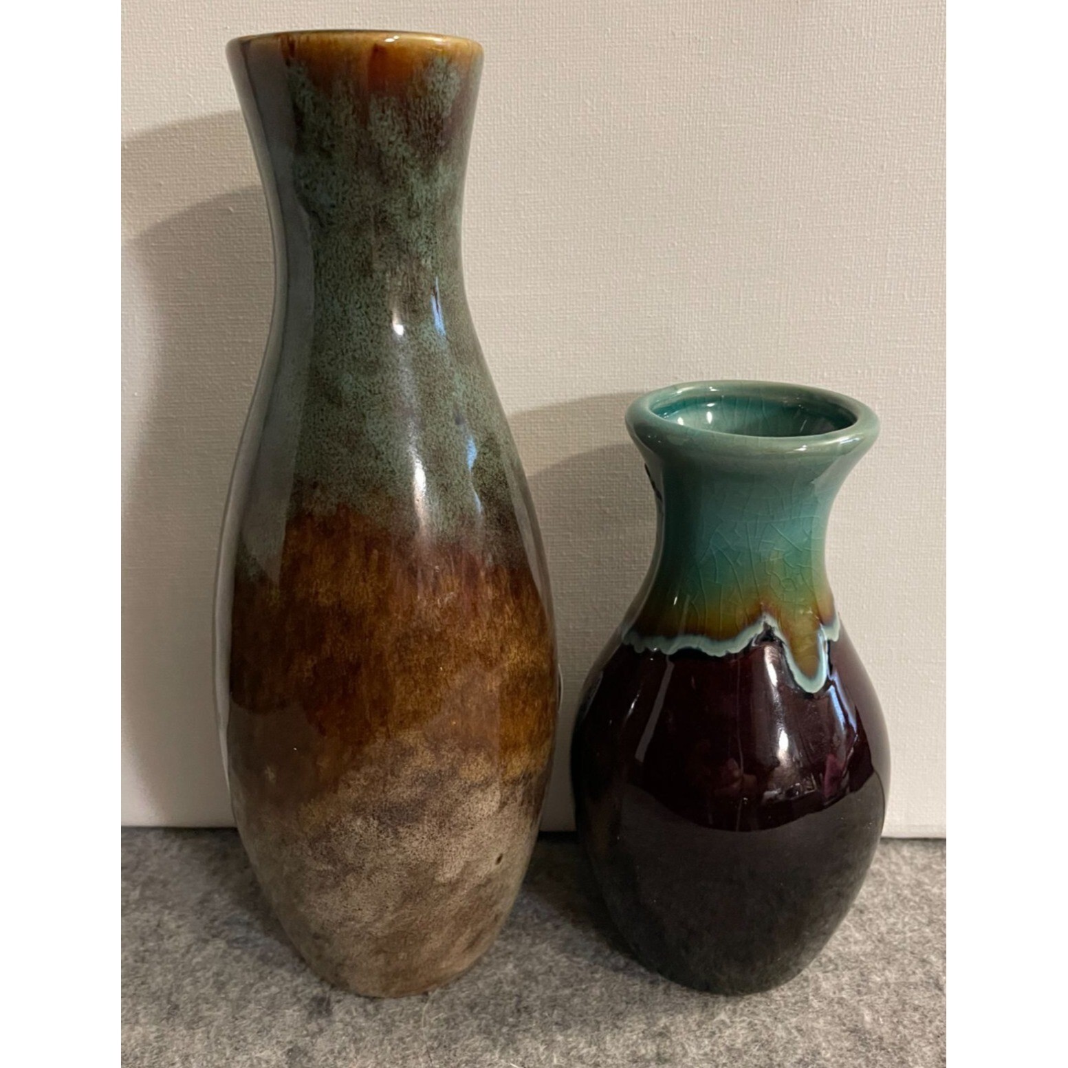 2 Green and Brown Drip Glazed Vases 1 is 5" Tall 1 is 8" tall | eBay