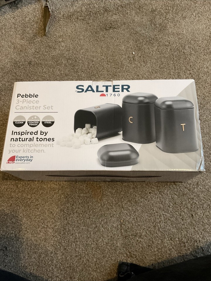 Salter Pebble Tea Coffee Sugar Canister Set Carbon Steel Labelled ...