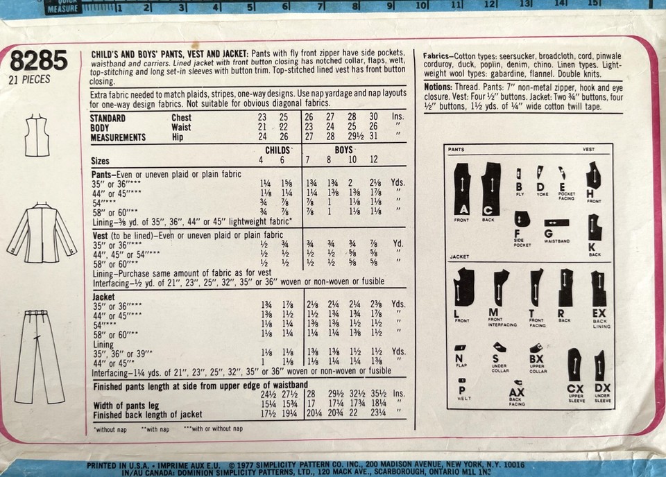 1970's Simplicity Child's Pants,Vest,Jacket Pattern 8285 Size 4-6 UNCUT ...