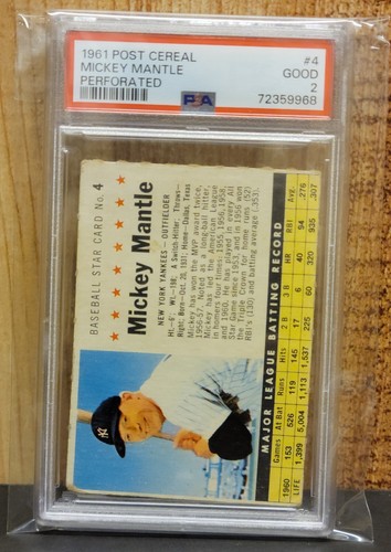 1961 POST #4 MICKEY MANTLE BASEBALL CARD PSA 2 | eBay