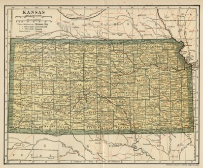 KANSAS Map: Genuine 1908 (dated) County Town Railroads Topography ...