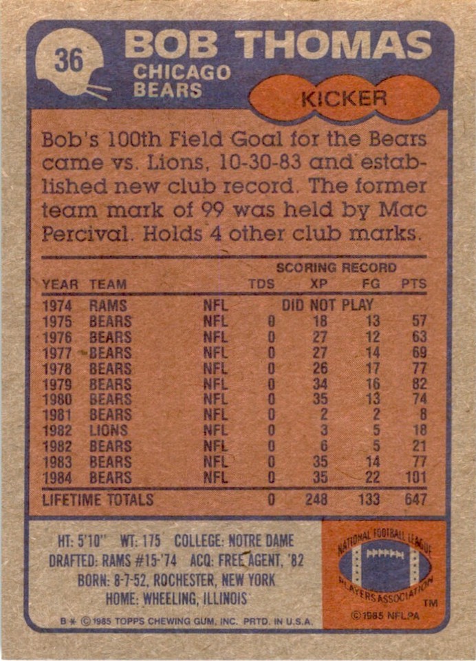 1985 TOPPS; BOB THOMAS CHICAGO BEARS #36 | eBay