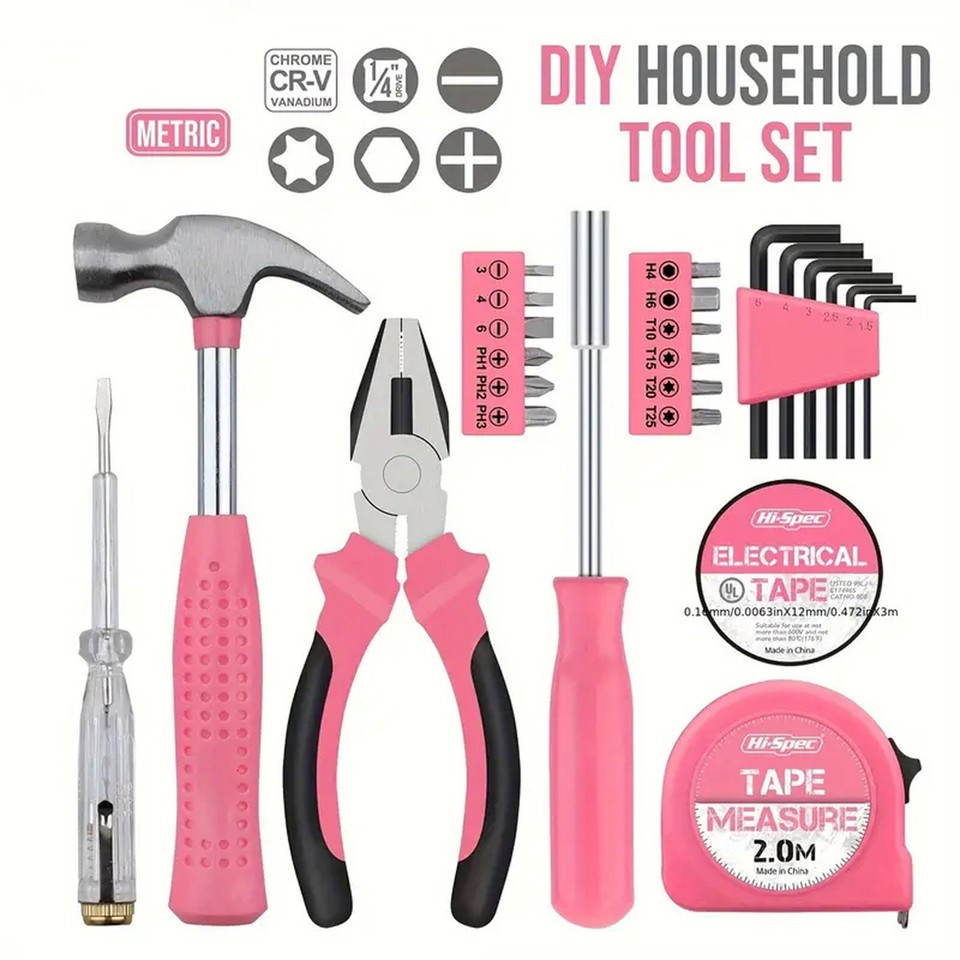 Women Pink Tool Set DIY Kit with Pink Hammer, Pliers, Screwdrivers 24 ...
