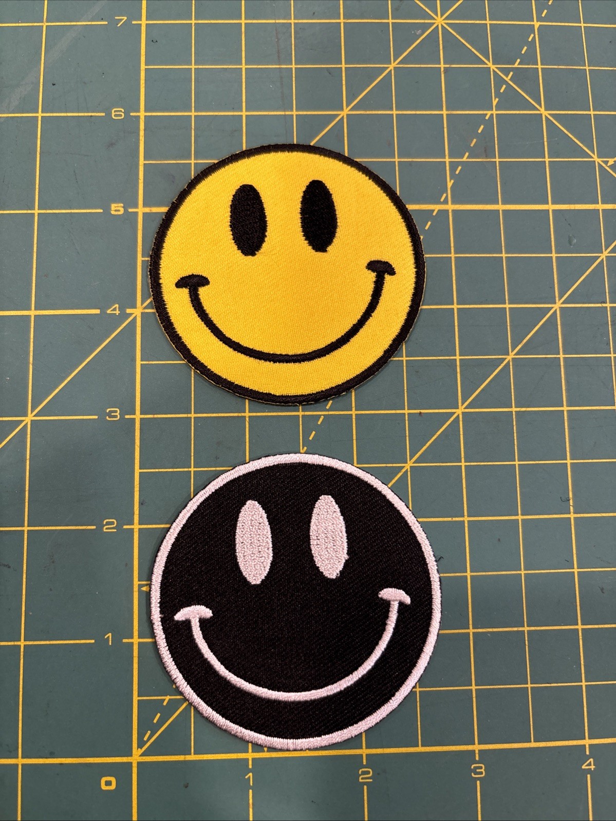 2 Pack YELLOW Black SMILEY FACE EMOJI EMBROIDERED PATCH - IRON ON/SEW ...