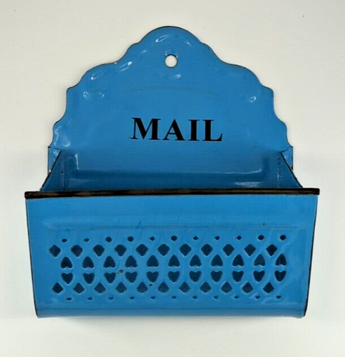 Enameled Metal Mail WALL POCKET Letter Holder Powder Blue Organizer ...