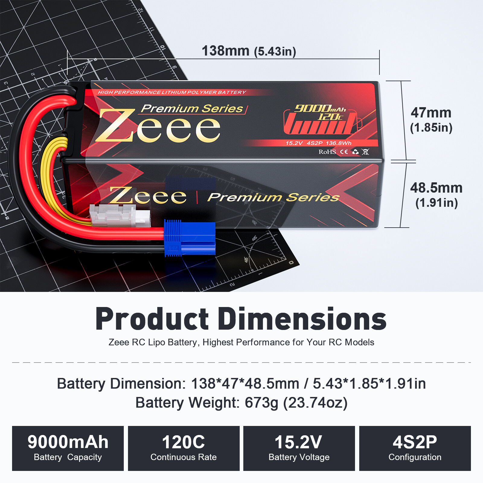 2x Zeee 15.2V 120C 4S HV LiPo Battery 9000mAh EC5 for RC Car Truck Tank ...