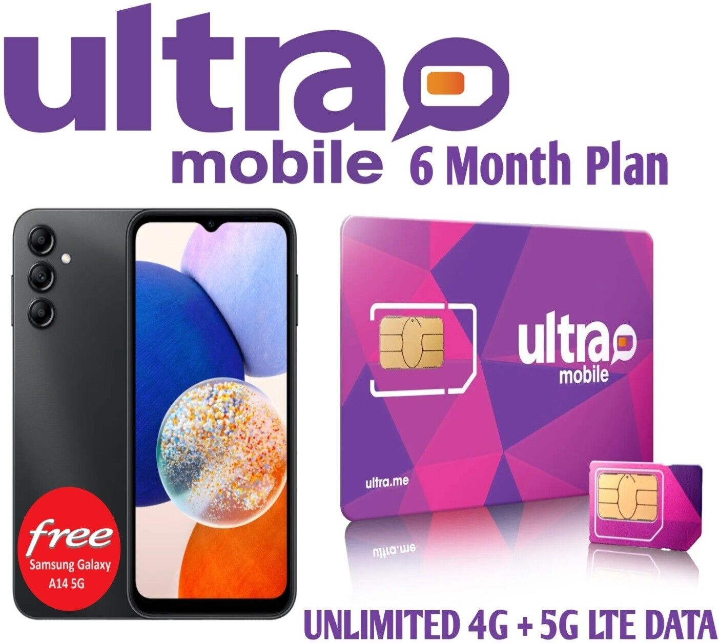 Samsung Galaxy A14 with Ultra Mobile SIM Card Unlimited 5G/4G Data 6 ...