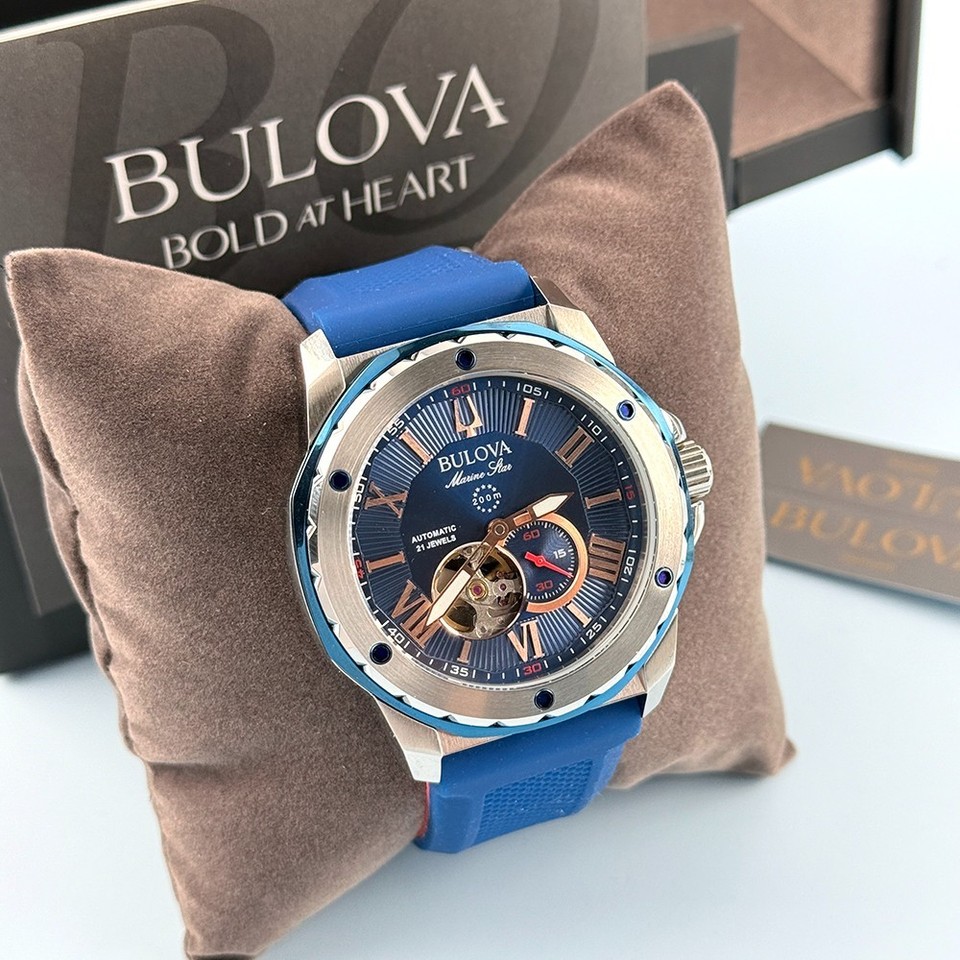 Men's Bulova 98A282 Marine Star Blue Dial Silicone Strap Automatic ...