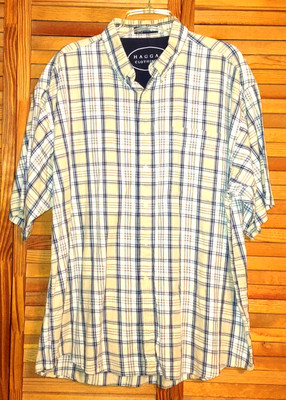 HAGGAR CLOTHING MEN SHIRT XL PLAID TAN BLUE WHITE SHORT SLEEVES BUTTON ...