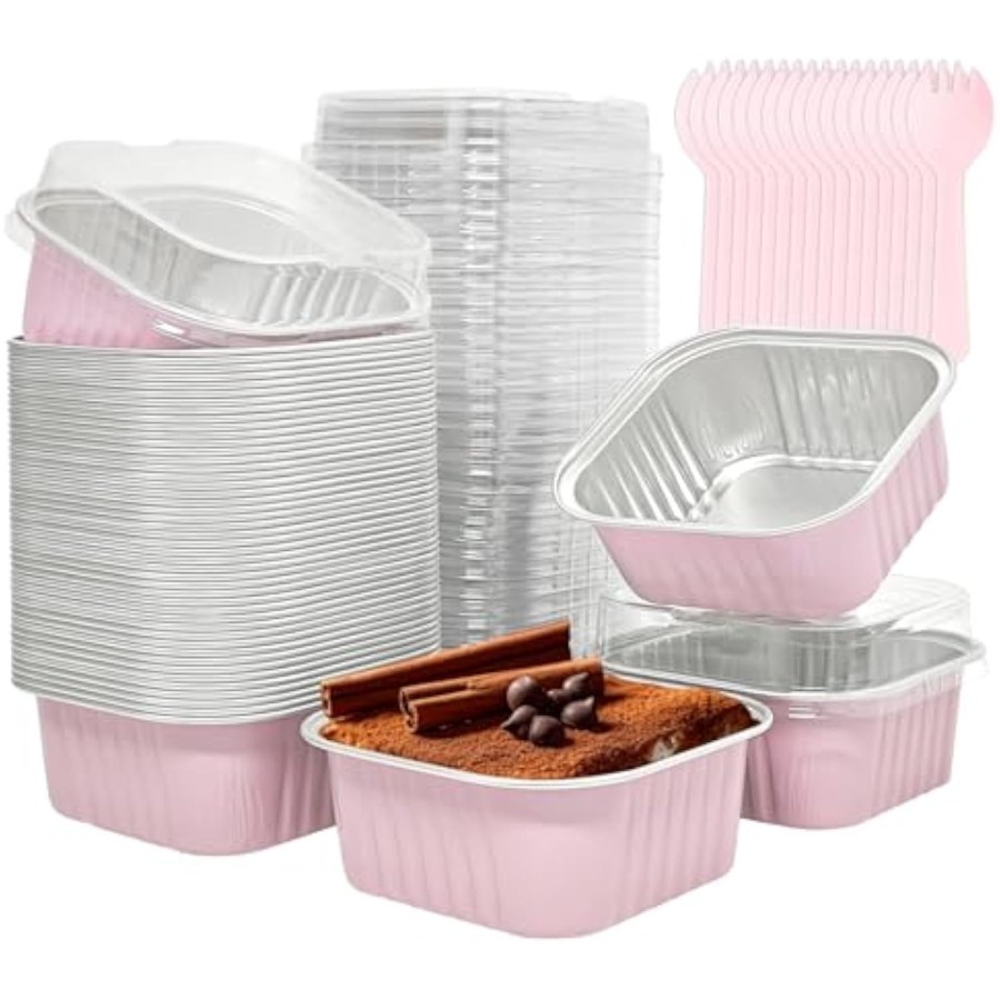50 Pack Mini Square Cake Pans with Lids, 5 oz Disposable Ramekins Cupc ...