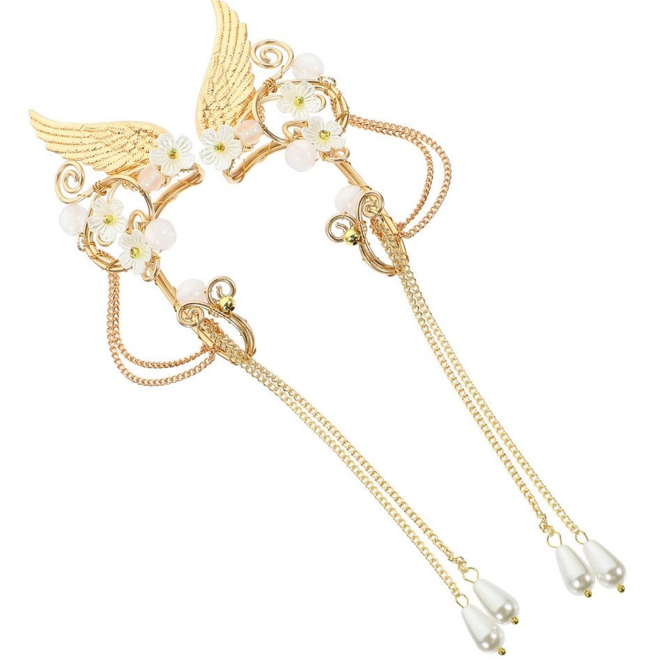1 Pair of Flower Ear Cuffs Pearl Tassel Non-pierced Clip Earrings Fairy ...