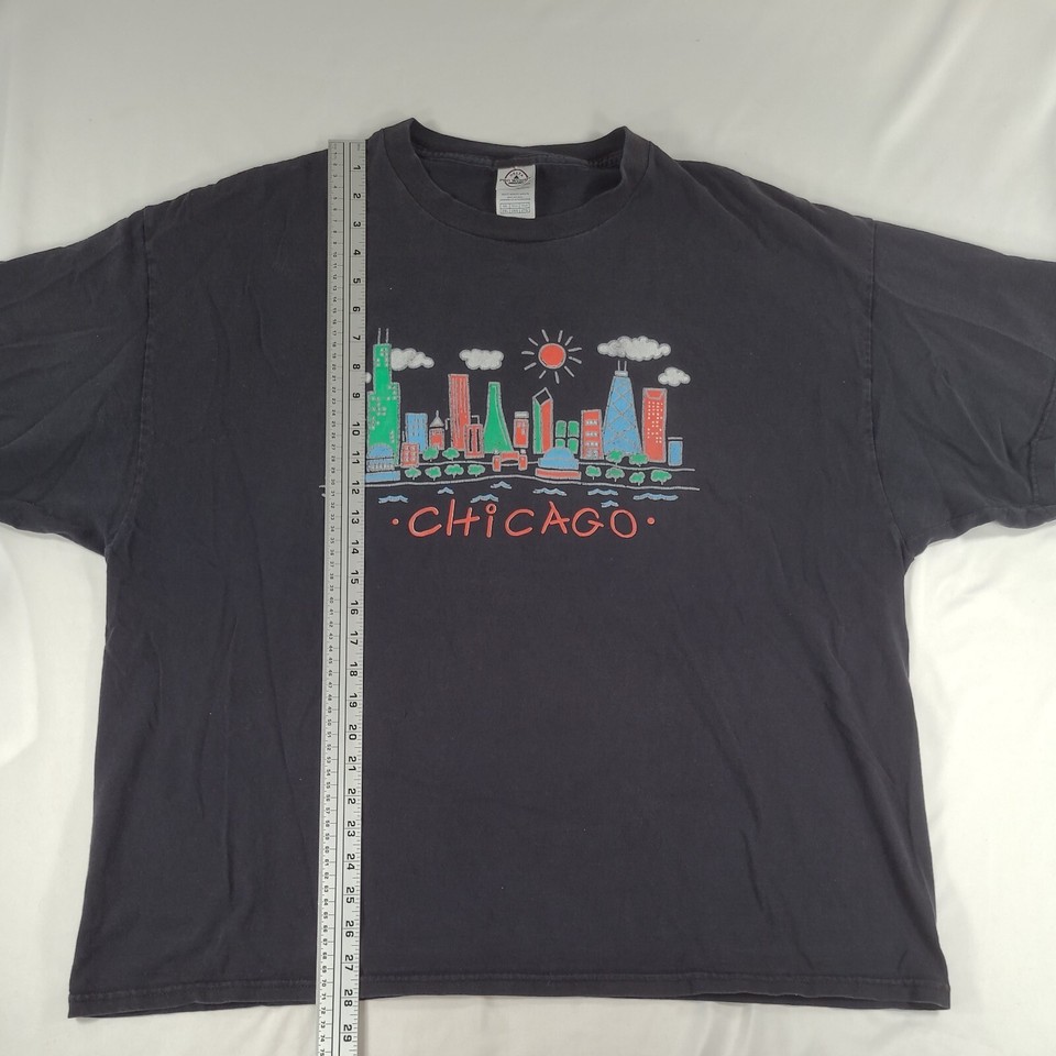 Vintage Chicago Skyline Crayon Drawn Graphic T Shirt Mens 2XL Black ...