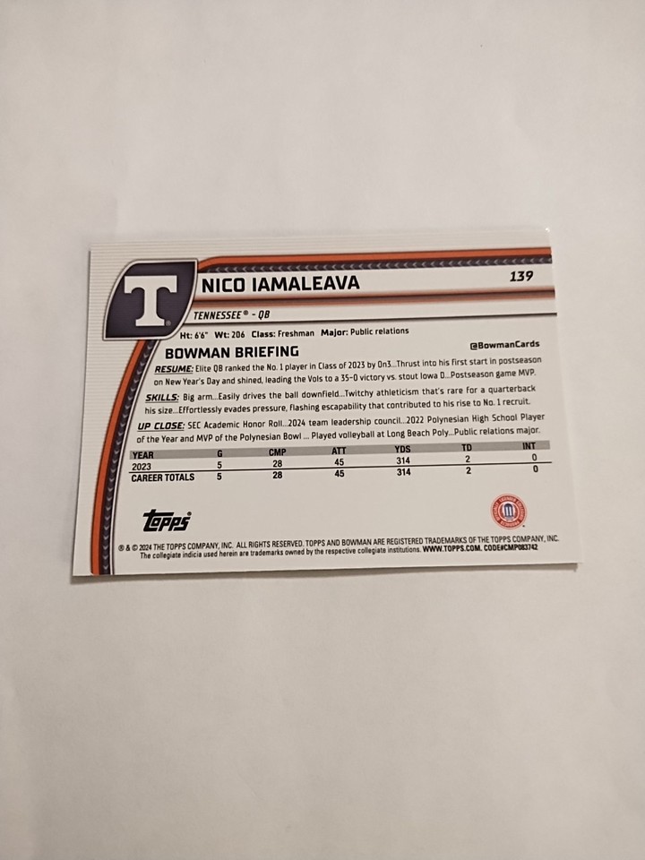 2024 Bowman Chrome U Sapphire Nico Iamaleava Tennessee Titans ...