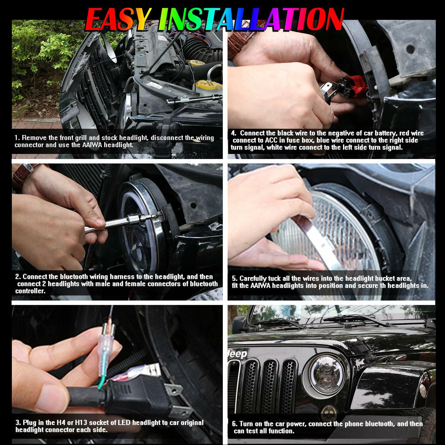 2x 7'' LED Headlights RGB + Fog Lights Angel Eye For Jeep Wrangler JK ...