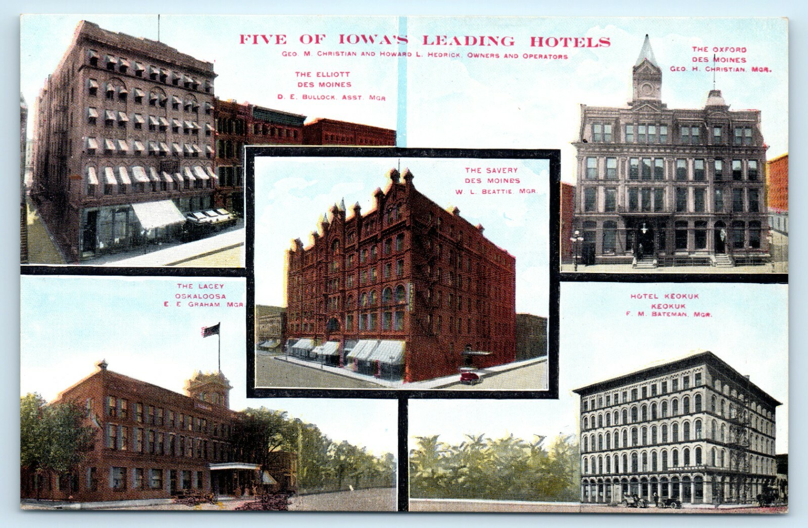 POSTCARD Five of Iowa's Leading Hotels Savery, Elliott, Oxford, Lacey ...
