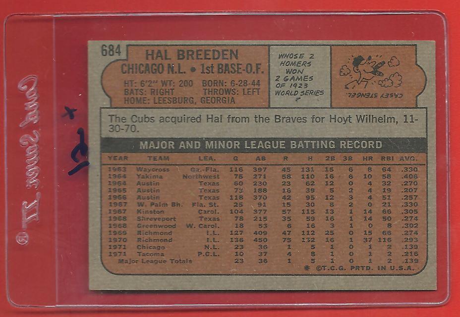 1972 TOPPS HIGH # 684 HAL BREEDEN FROM A SET BREAK !! | eBay